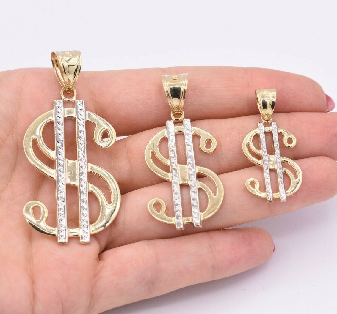 Money Dollar $ Sign Charm Pendant Two-Tone Real 10K Yellow White Gold ...