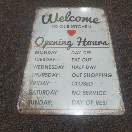 WELCOME TO OUR KITCHEN OPENING HOURS Tin Metal Sign NEW Man Cave Garage ...