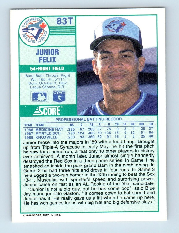 1989 Score Rookie & Traded Junior Felix Rookie Toronto Blue Jays #83T | eBay