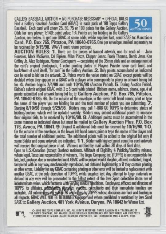 1998 Topps Gallery Baseball Auction 50 Points Greg Maddux HOF | eBay