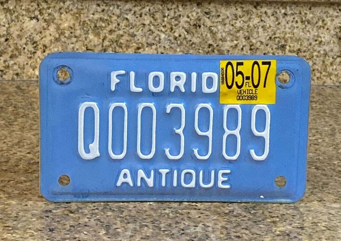 Florida Antique Motorcycle License Plate tag # Q003989 White/Blue ...