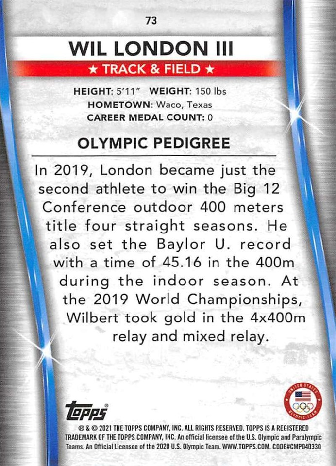 2021 Topps US Olympics and Paralympics Team Hopefuls #73 Wil London III ...
