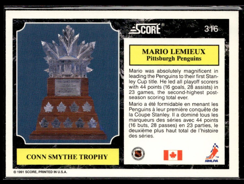 1991-92 Score Canadian Bilingual #316 Mario Lemieux Hockey Card 1202K ...