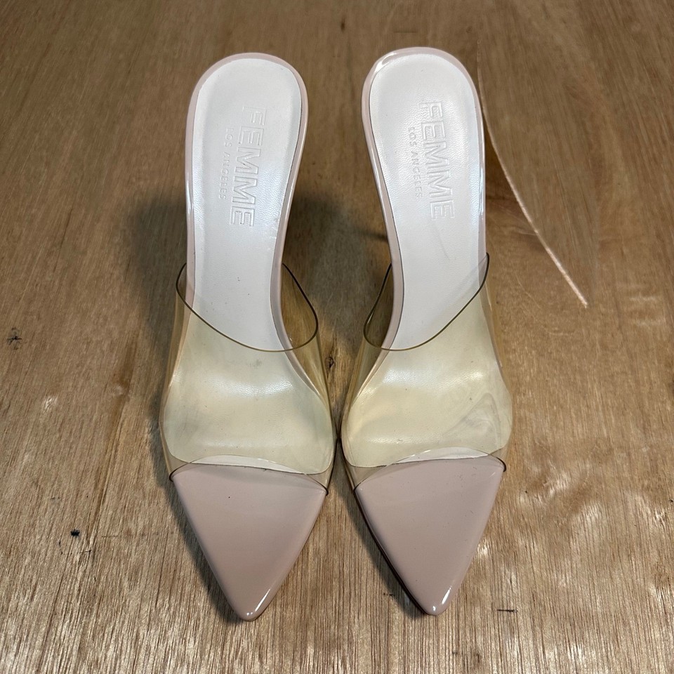 Femme LA Clear Vinyl Mules Stiletto Heels Beige Patent Pointed Toe Size ...