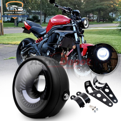 6.5" Motorcycle Spiral White LED Headlight Side Mount Brackets Cafe ...