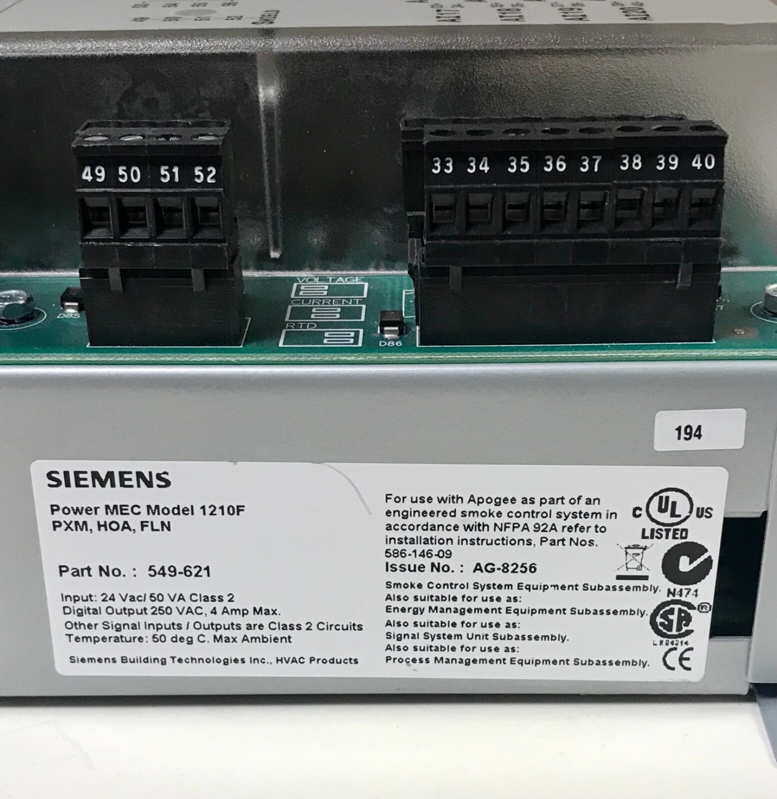 SIEMENS 549-621 POWER MEC Model 1210F PXM HOA FLN APOGEE Automation ...