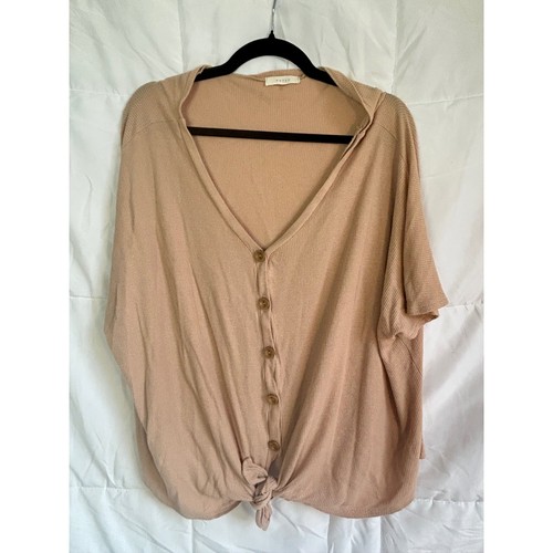 entro Tan Waffle Knit Button Front Tie Front Short Sleeve Top Women's ...