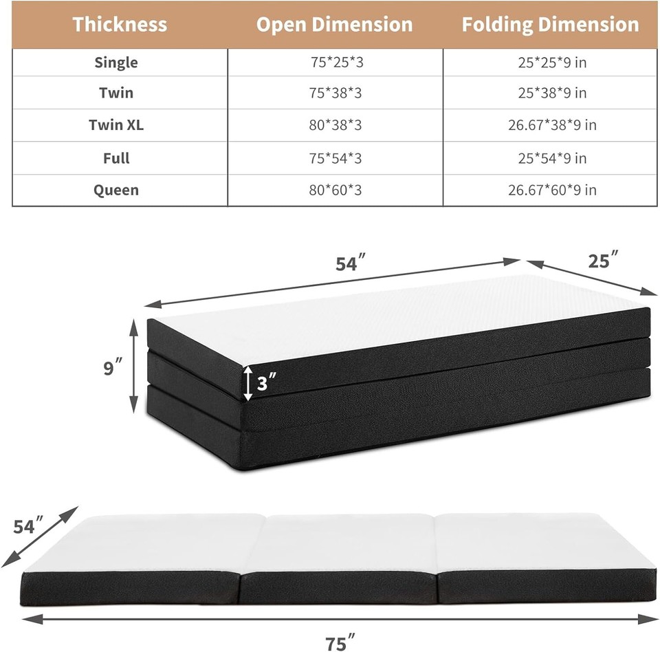 4" Tri-Fold Memory Foam Mattress Foldable Mattress Topper with Washable ...