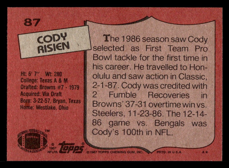 Cody Risien 1987 Topps #87 Cleveland Browns | eBay