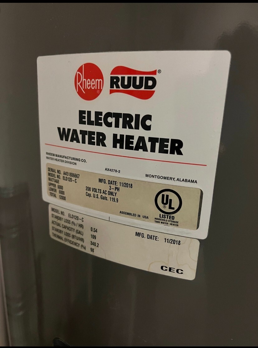 Rheem-Ruud ELD120-C 120 Gal Tank Cap 480V 12000W Electric Water Heater ...