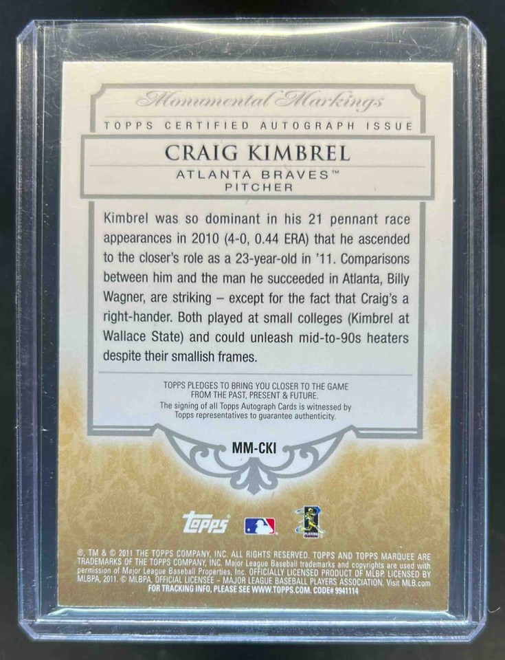 2011 Topps Marquee Craig Kimbrel Monumental Markings Auto Rookie RC ...