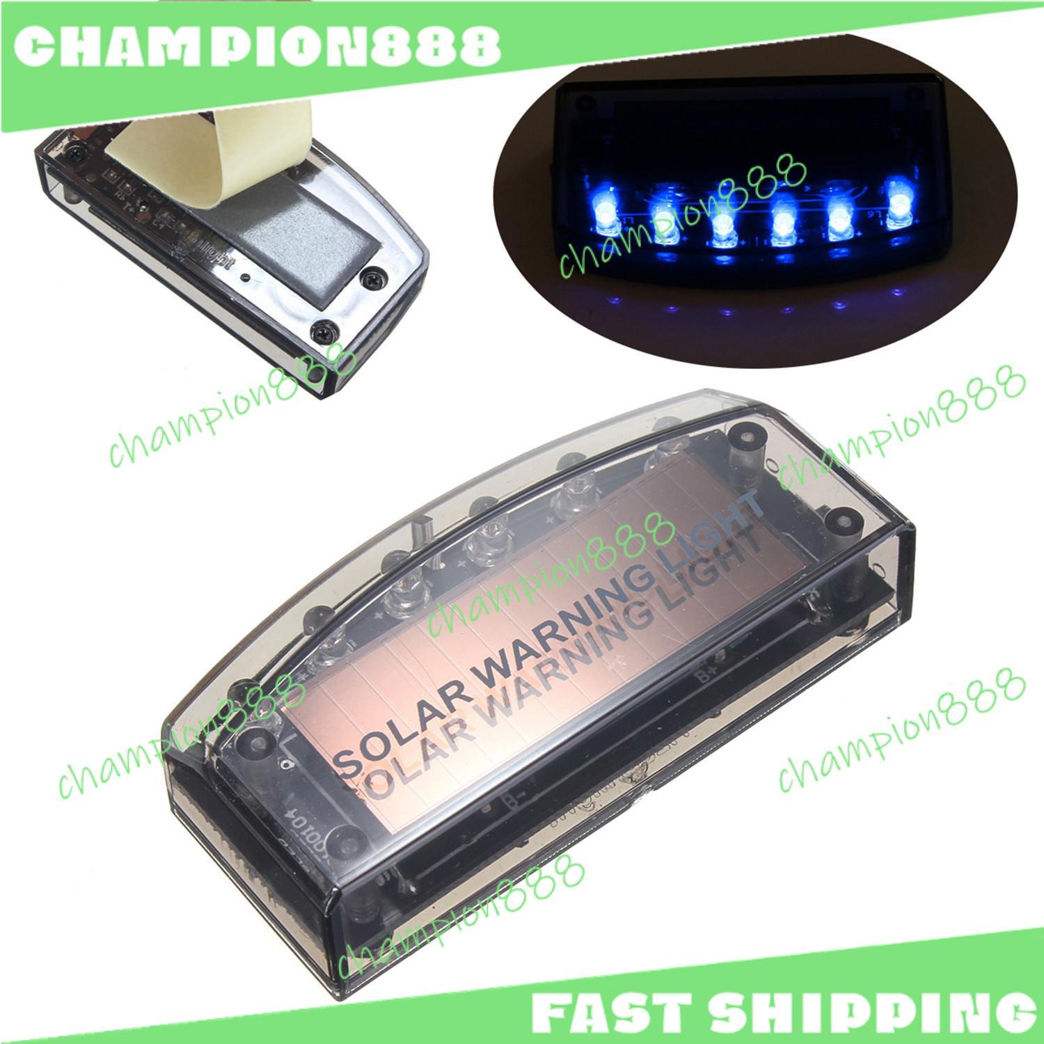 6 LED Blue Car Solar Charger Security Burglar Alarm Warning Anti-theft ...