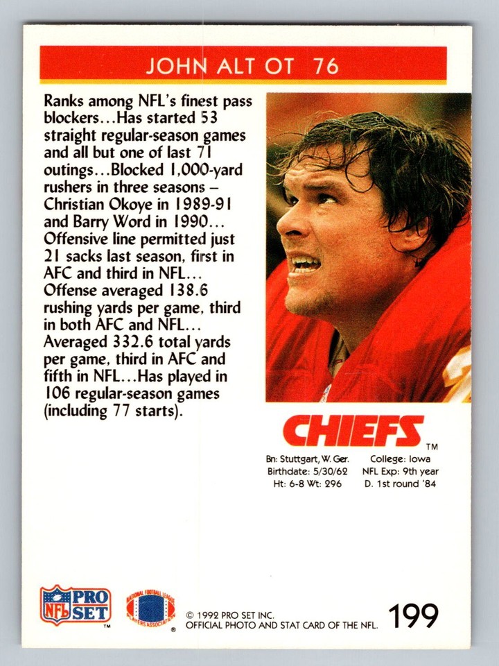 1992 Pro Set #199 John Alt Kansas City Chiefs | eBay