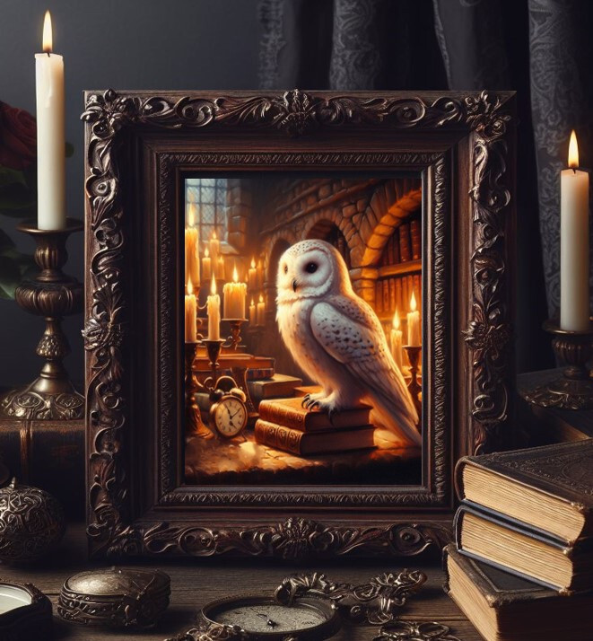 Hedwig Harry Potter White Snowy Owl Library books Candles Vintage art ...