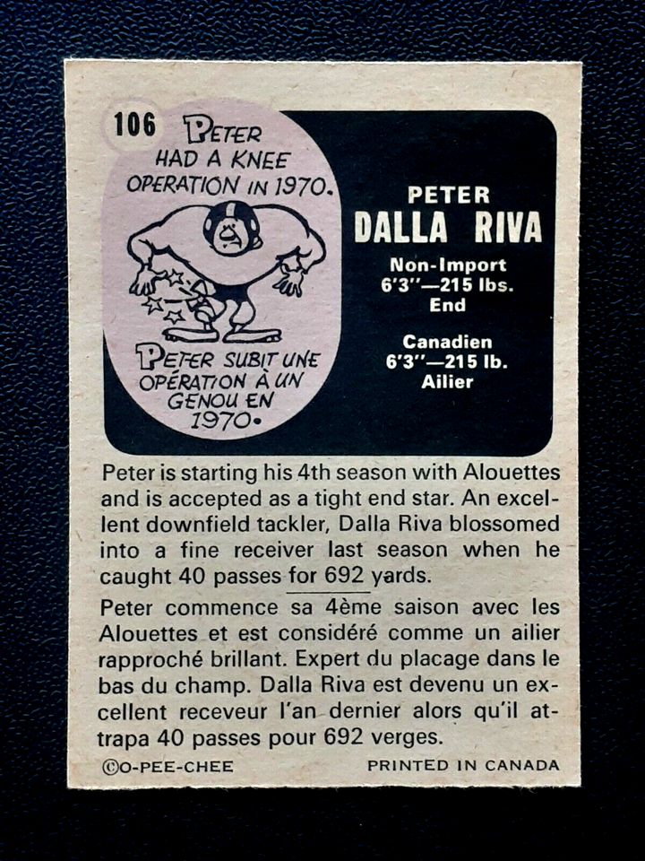 PETER DALLA RIVA 1971 O-PEE-CHEE CFL 71 NO 106 NRMINT+ 59849 | eBay
