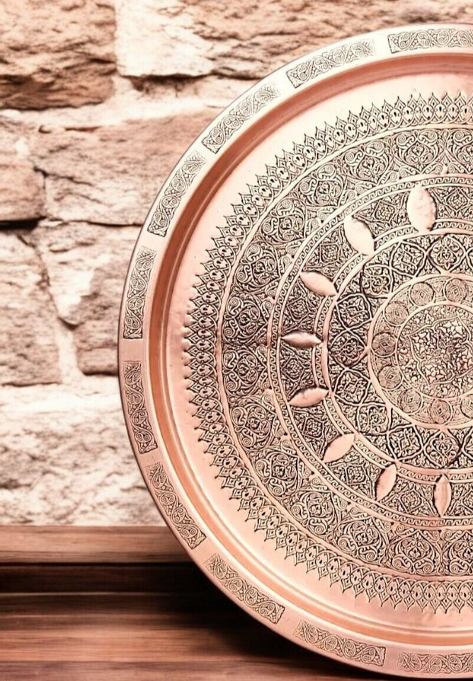 27.5in Turkish Copper Tray, Engraved Round Serving Tray, Handmade ...