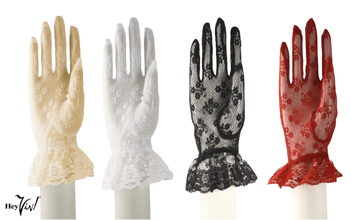 Lace Gloves w Wrist Ruffle in White Red Ivory Black Retro Party Wedding ...