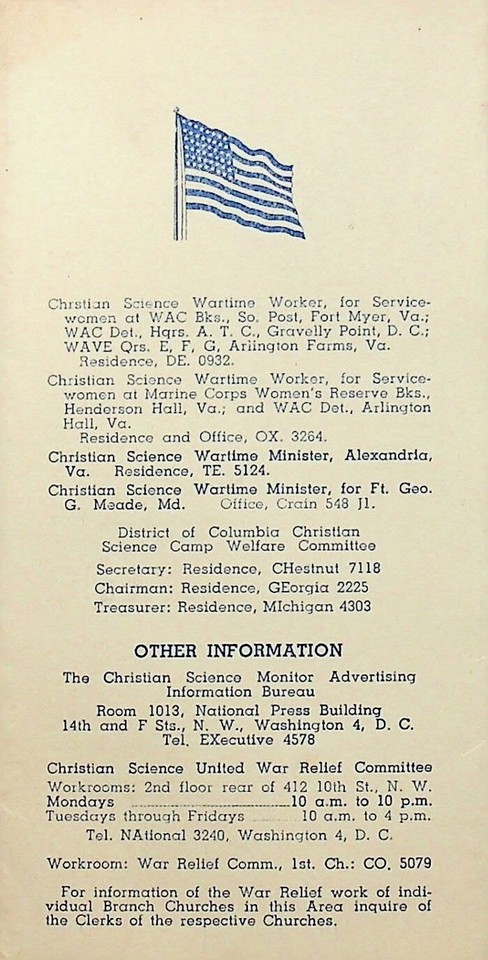 1945 DIRECTORY OF CHURCHES OF CHRISTIAN SCIENCE READING ROOMS DC AREA ...