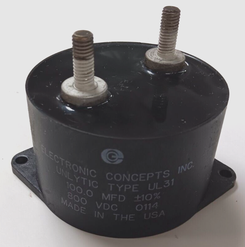 ELECTRONIC CONCEPTS INC. CAPACITOR TYPE UL31 UNLYTIC 100.0 MFD 10% 800 VDC 0114 | eBay