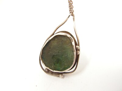 RETRO VINTAGE ORGANIC MODERNIST SOLID SILVER PENDANT GREEN GEMSTONE AND ...