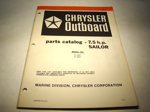 1981 Chrysler Outboard Parts Catalog 7.5 HP Sailor Boat Engine 71 H2C ...