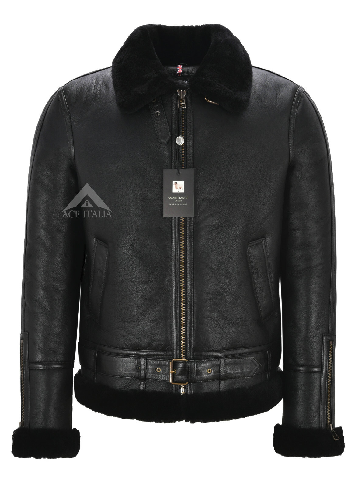 Mens B3 Classic Real Shearling Sheepskin Jacket Belted Black Fur Bomber ...
