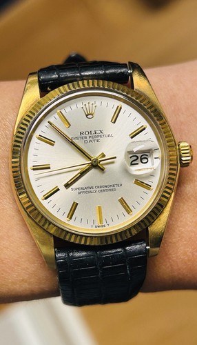 BEST VINTAGE ROLEX OP DATE 1503 34mm SILVER DIAL PATINA UNPOLISHED 14K ...