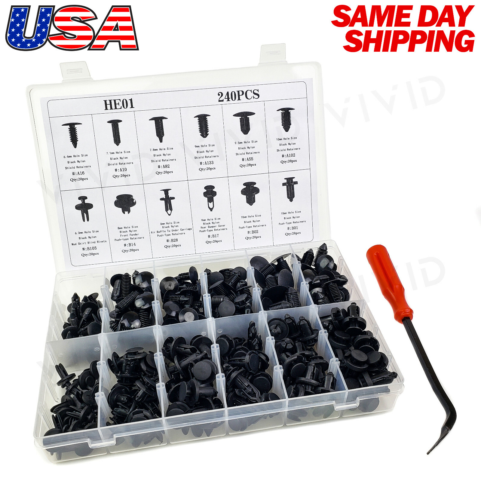 240pc Plastic Rivets Fastener Fender Bumper Push Clips with Tool for ...