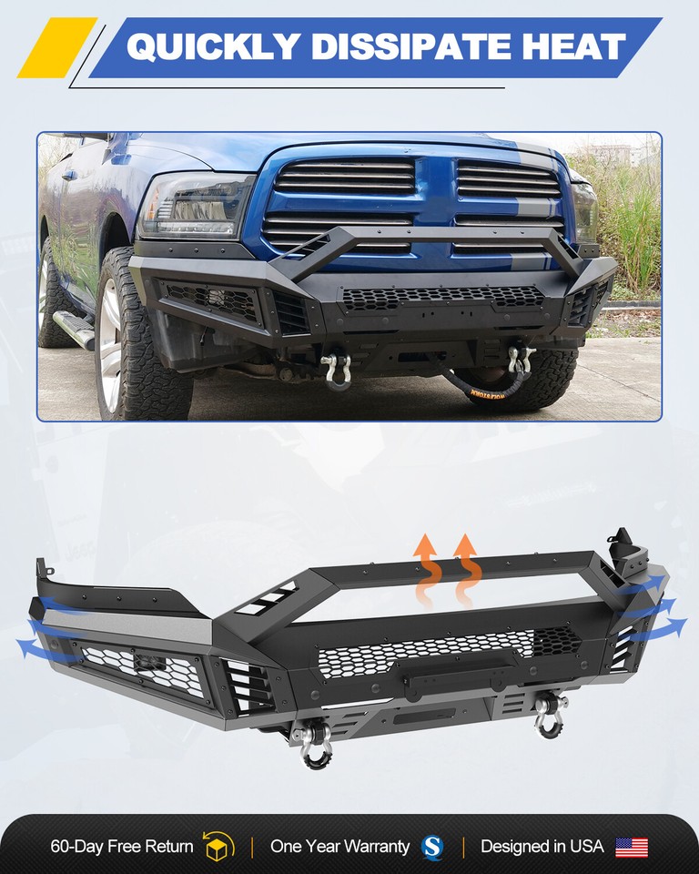 4 IN 1 Front Bumper Assembly +Rear Bumper w/D Rings For 2013-2018 Dodge ...