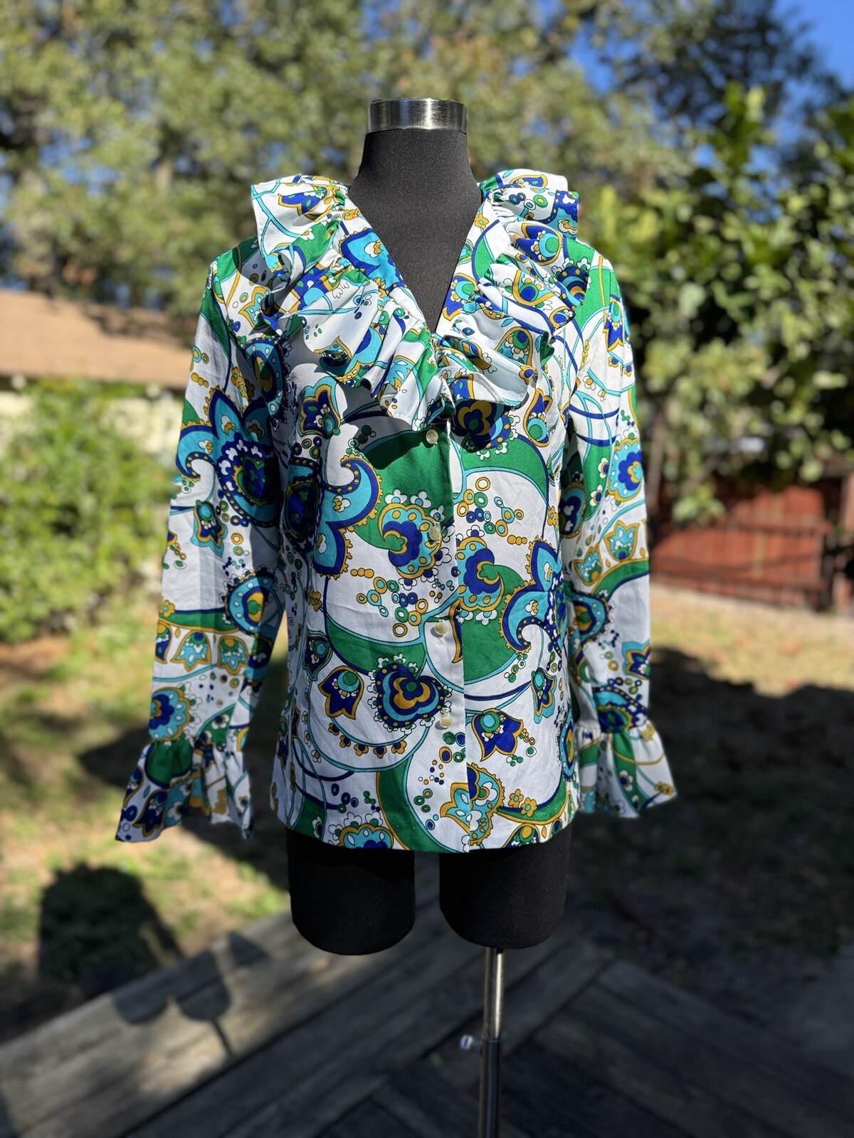 1960s Rhoda Lee Flower Power Psychedelic Ruffle Blouse - Gem