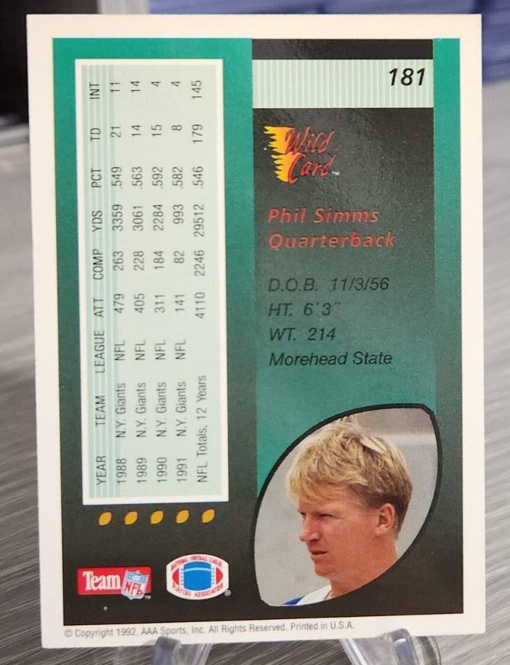 Phil Simms 1992 Wild Card 20 Stripe #181 New York Giants | eBay