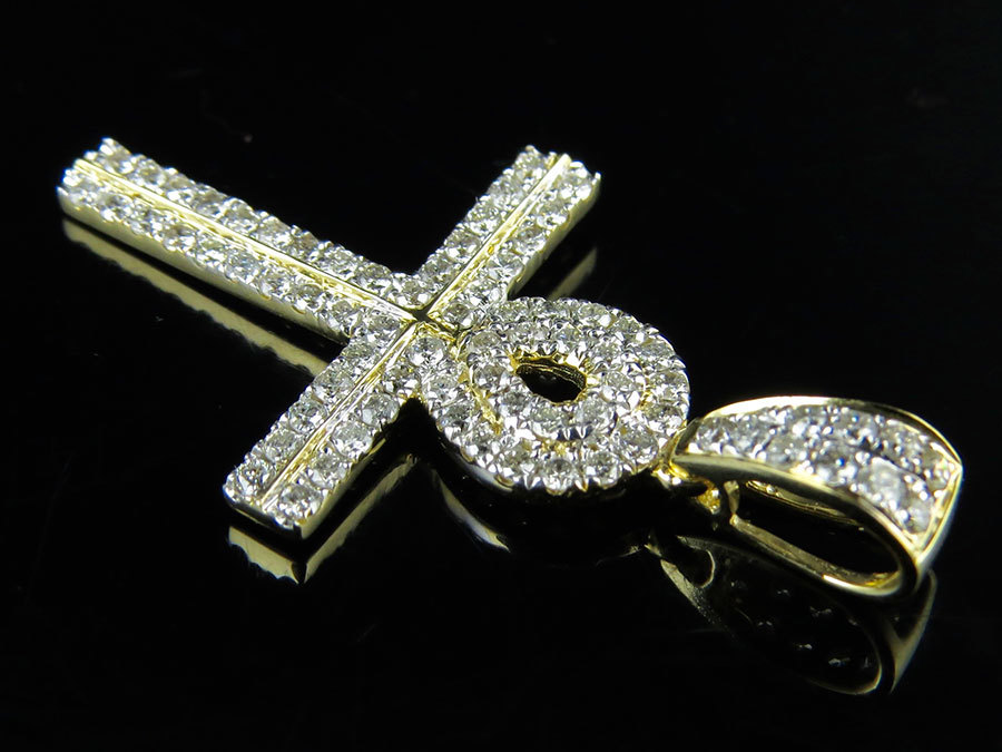 10K Yellow Gold Ankh Cross Two Row Genuine Diamond 1.5 Inch Pendant ...