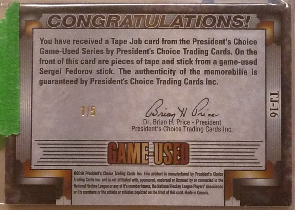 Sergei Fedorov 2018 President's Choice Tape Job Game-Used Stick Tape /5 ...