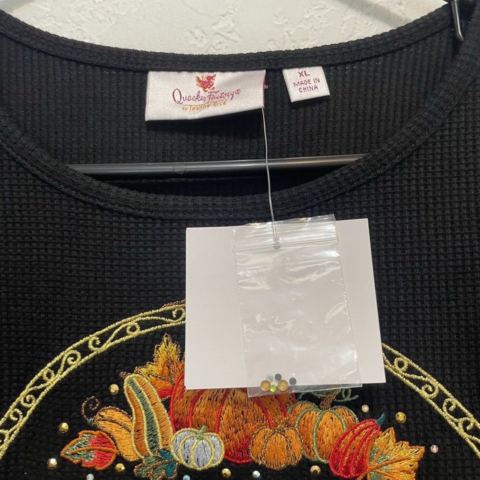 Quacker Factory Autumn Embroidered Black Long Sleeve Waffle Top XL NEW ...