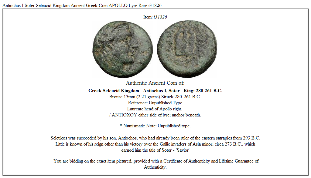 Antiochus I Soter Seleucid Kingdom Ancient Greek Coin APOLLO Lyre Rare ...