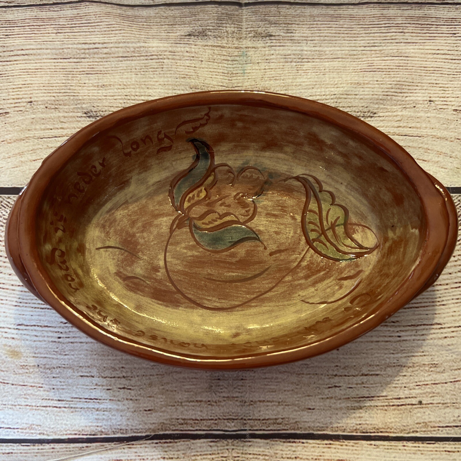 Vtg Welden Redware Motto Ware Pottery Oval Bowl Dish PA Dutch Folk Art ...