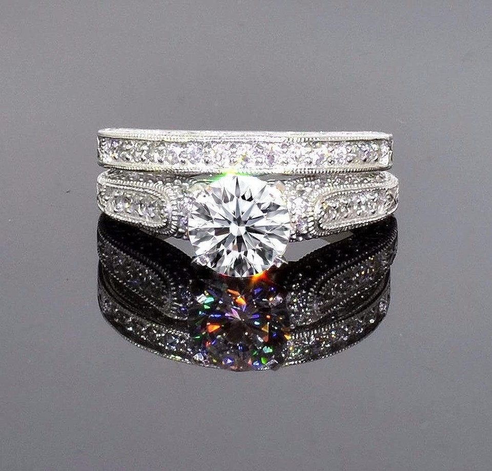 1.38 CT White Round CZ Antique Style Wedding Matching Bridal 925 Silver ...