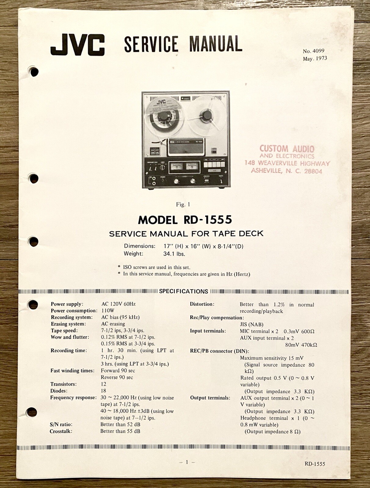 JVC RD-1555 Reel-to-Reel, 4-Track Tape Deck Recorder: Service & Repair ...