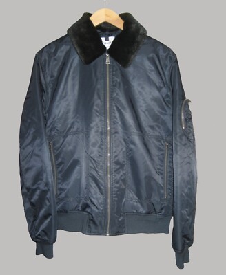 TOPMAN NAVY NYLON AVIATOR ZIP JACKET REMOVABLE FAUX FUR COLLAR ZIP ...
