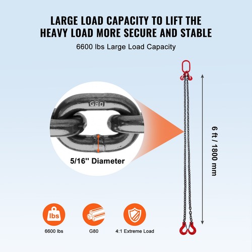 5/16" x 6' Chain Sling 2 Legs G80 Lifting Chain with Grab Hooks 6600 ...