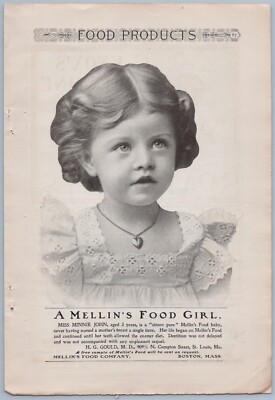 1890s Mellins Food Ad Miss Minnie John Simon Pure Baby Girl | eBay