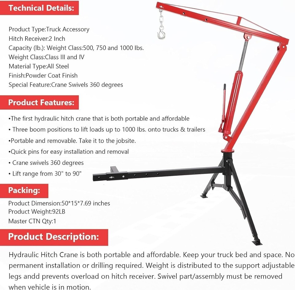 1000 Lbs Truck Crane Hoist Hydraulic Hitch-Mount Truck Crane for ...