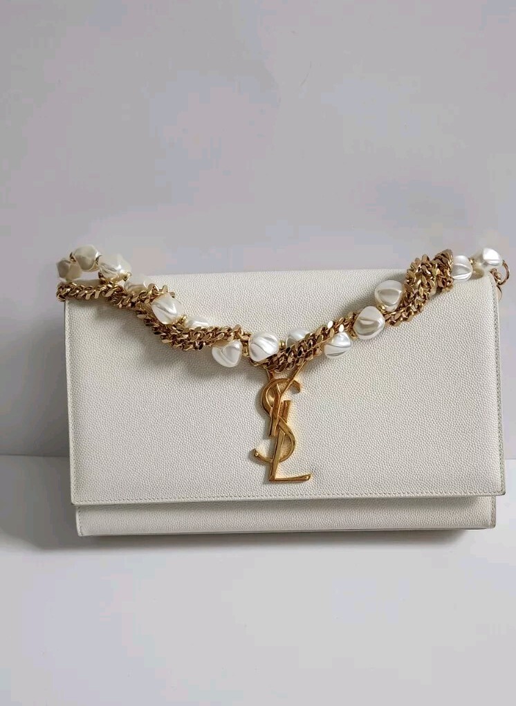 YSL SAINT LAURENT MONOGRAM KATE DOVE WHITE GOLD HARDWARE GRAINED ...