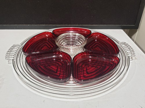 14" Anchor Hocking MANHATTAN Glass Relish Tray WITH ROYAL RUBY Relish ...