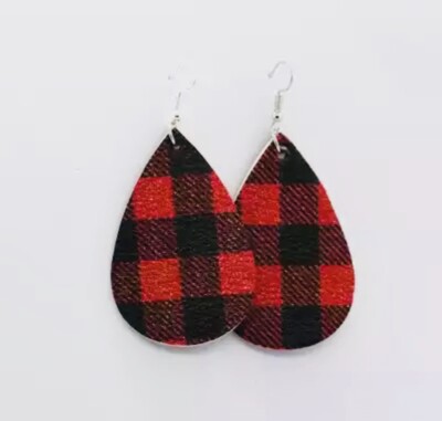 Red & Black Buffalo Plaid Double Sided Print Faux Leather Tear Drop ...