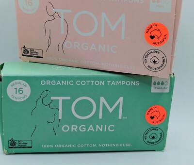TOM Organic Cotton Tampons 2 Boxes (16 Each) 1x Regular 1x Mini New ...