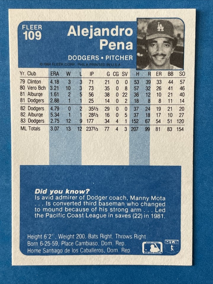 1984 Fleer Baseball Card #109 Alejandro Pena Rookie Card NM/MT | eBay