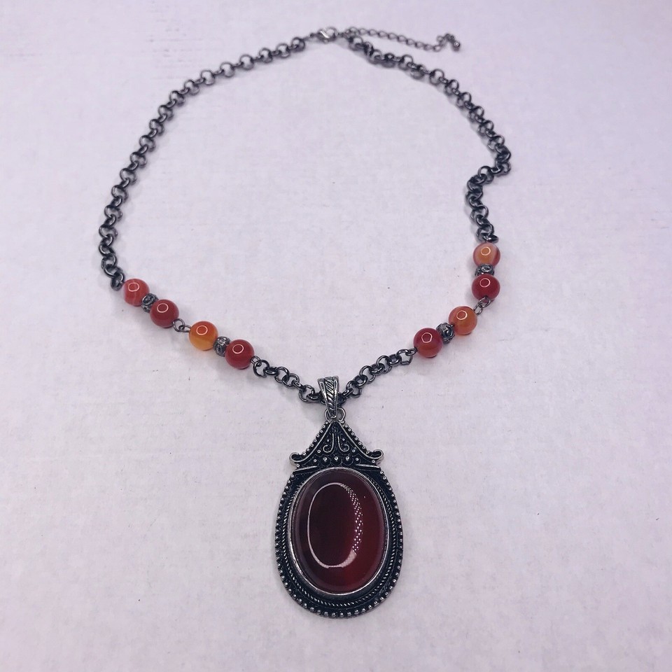 Necklace Red Orange Pendant Beaded Rolo Chain Amber Tone Gunmetal Grey ...