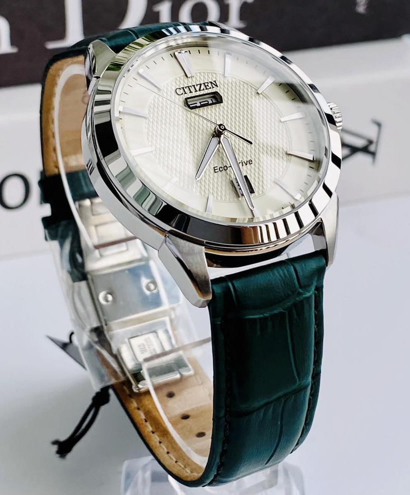 Citizen Eco-Drive Rolan Ivory Dial Green Leather Band Men's Watch ...