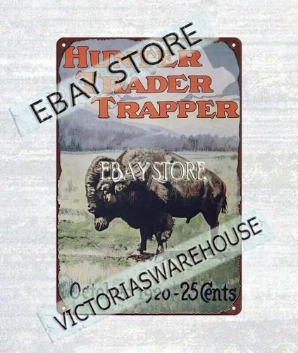 1920 Hunter Trader Trapper hunting wild buffalo metal tin sign home ...